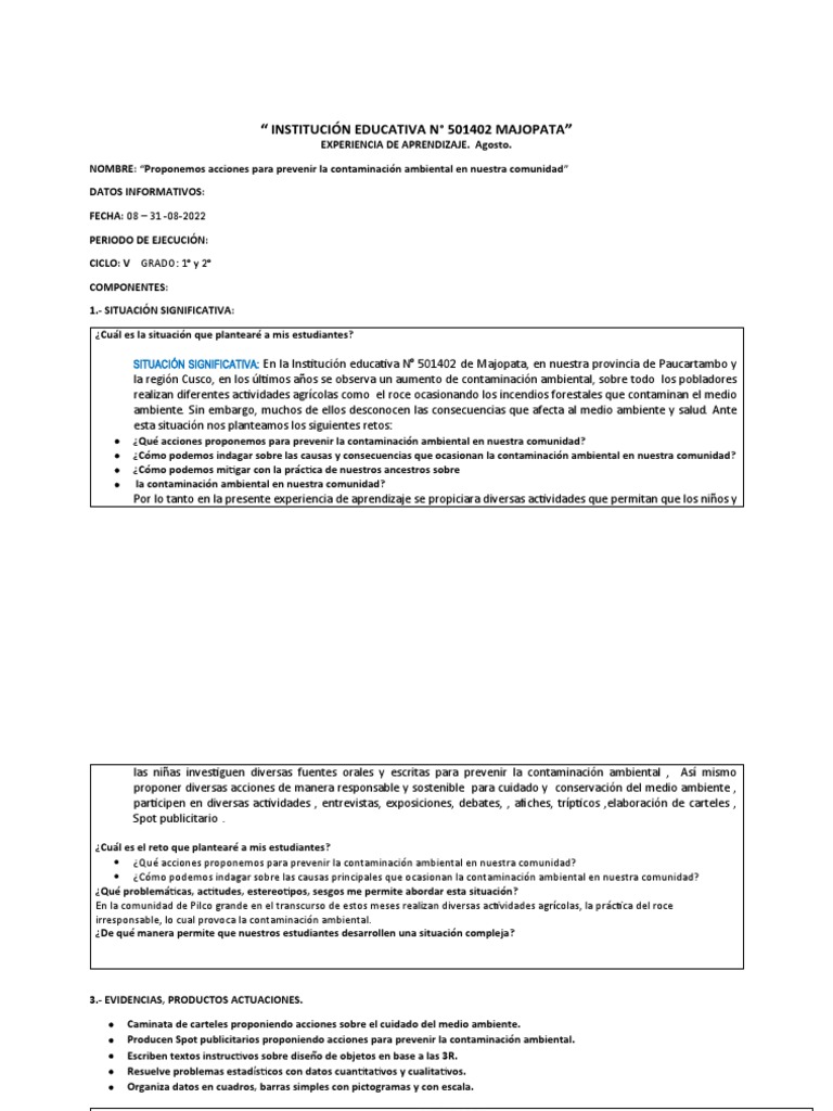 1°, 2°experiencia de Aprendizaje.2022 | PDF | Evaluación | Aprendizaje