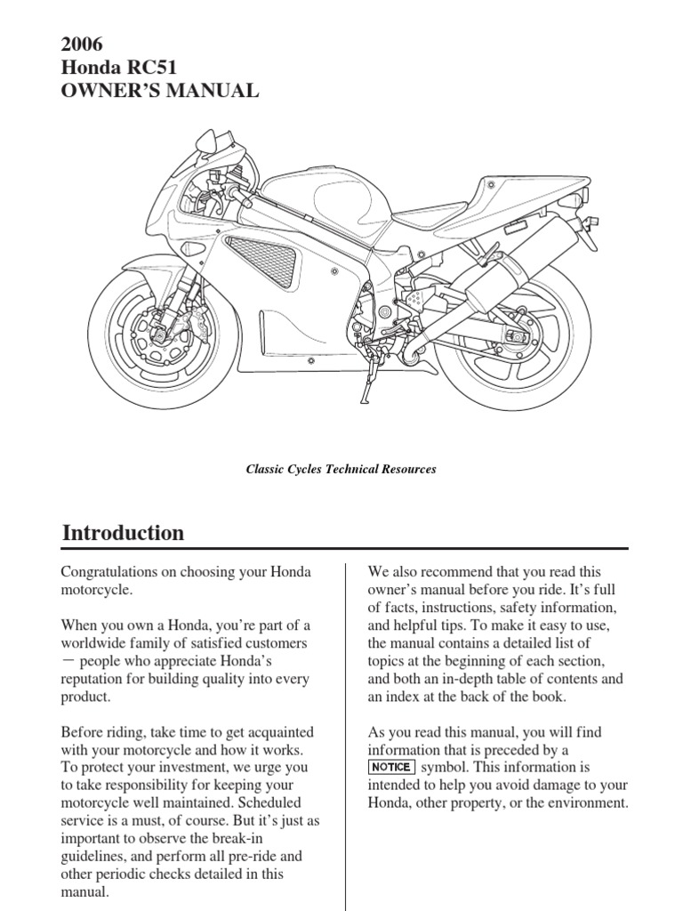 2006 Honda RC51 Owner's Manual Guide | PDF | Motorcycle | Transport