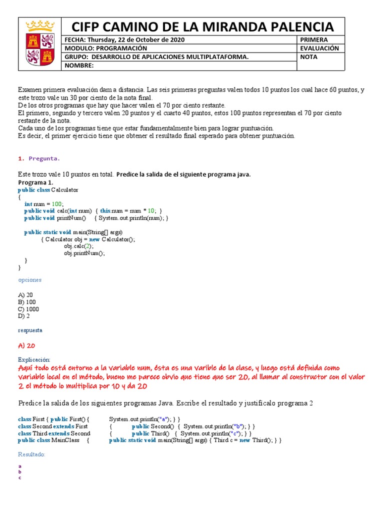 Examen de Programacion Dam Online Primero Resuelto 1 | PDF | Objeto (informática) | Java ...