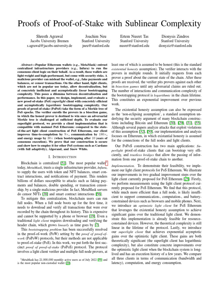 Proofs of Proof-of-Stake With Sublinear Complexity: Shresth Agrawal ... Proofs of Proof-of-Stake With Sublinear Complexity: Shresth Agrawal ...