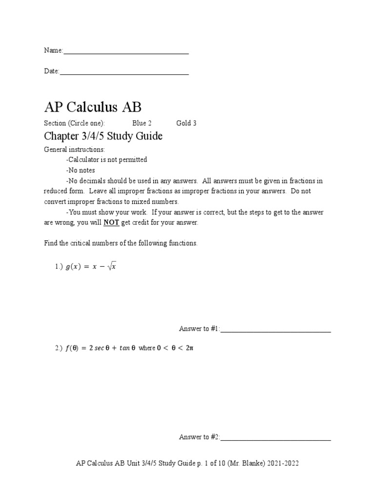 Calculus AB Unit 3 - 4 - 5 Study Guide | PDF | Maxima And Minima | Calculus