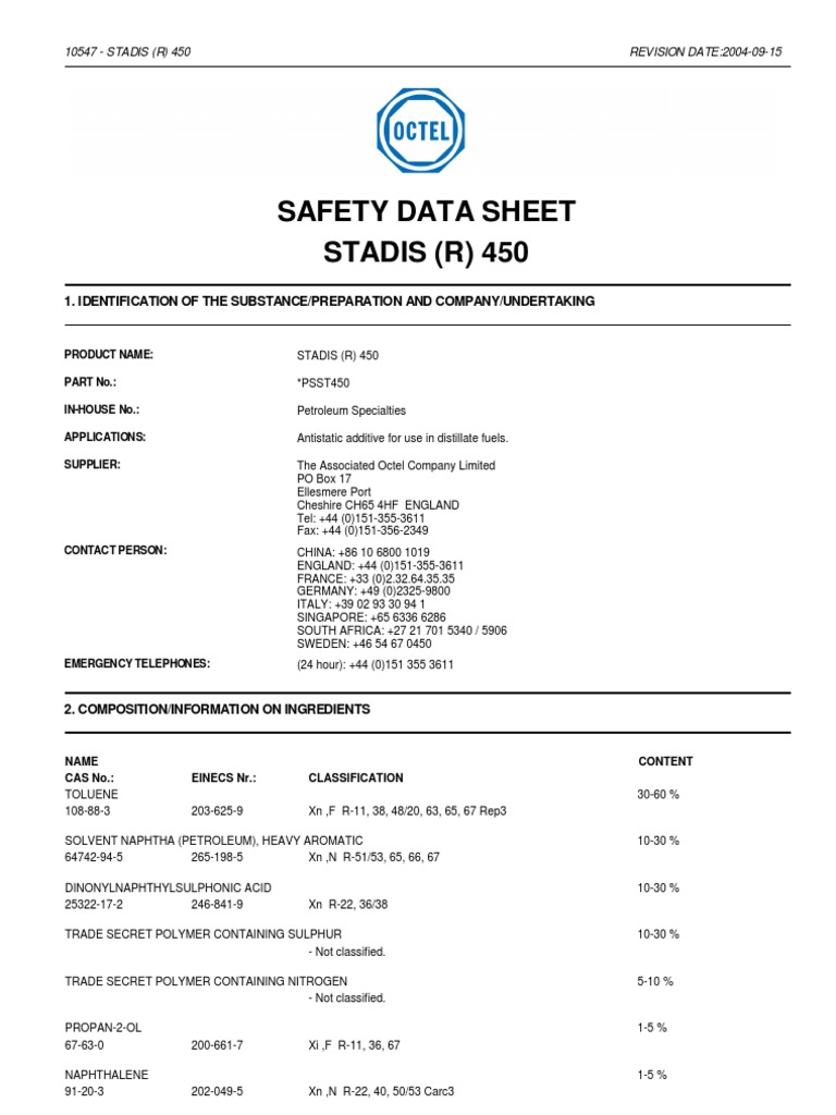 Stadis 450 | PDF | Toxicity | Personal Protective Equipment