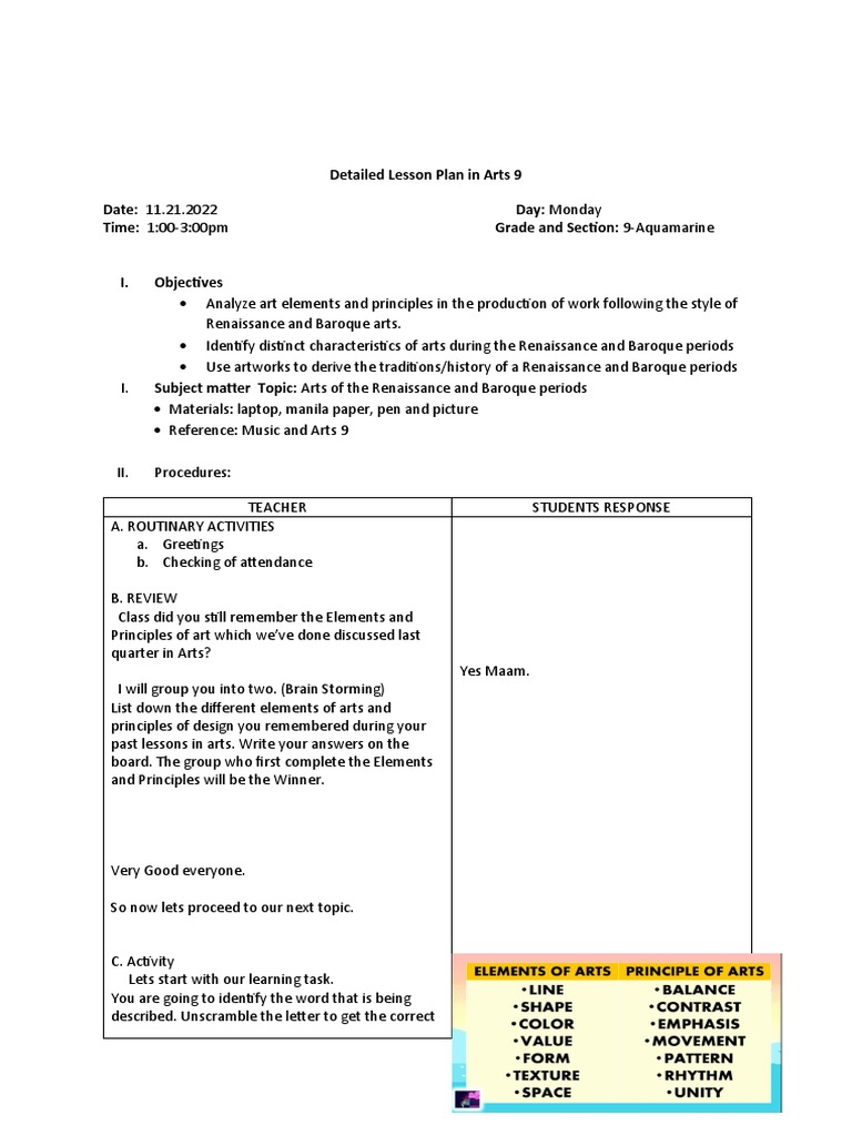 Detailed Lesson Plan in Arts 9 Again | PDF | Baroque | Paintings