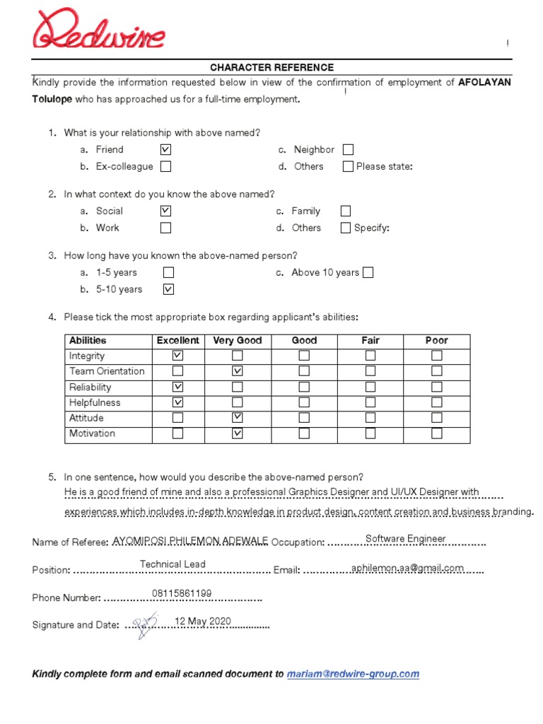 Character Reference Check Form - AT | PDF