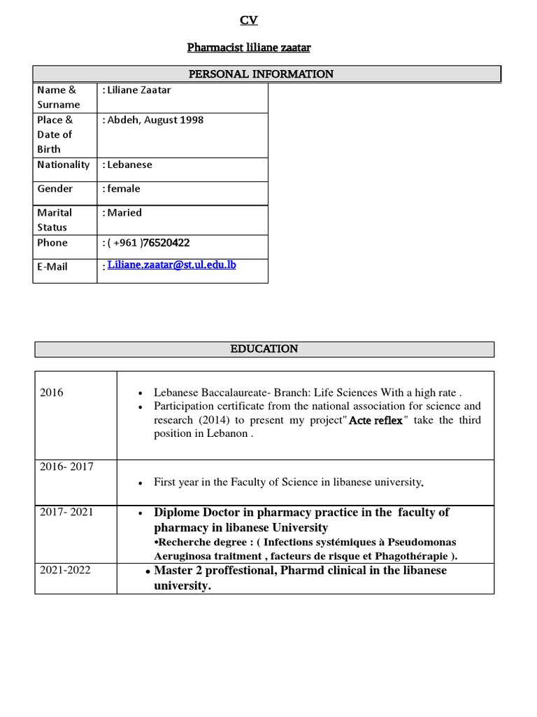 Lebanese Pharmacist CV & Qualifications | PDF | Pharmacist | Pharmacy