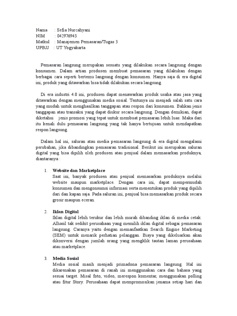 Sefia Nurcahyani 042976943 T3 Manajemen Pemasaran | PDF | Bisnis