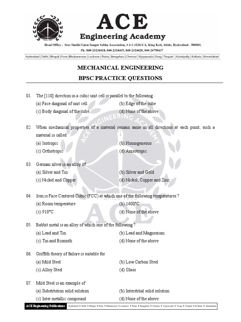 BPSC ME Practice-Questions - SET 1 | PDF | Heat Treating | Alloy