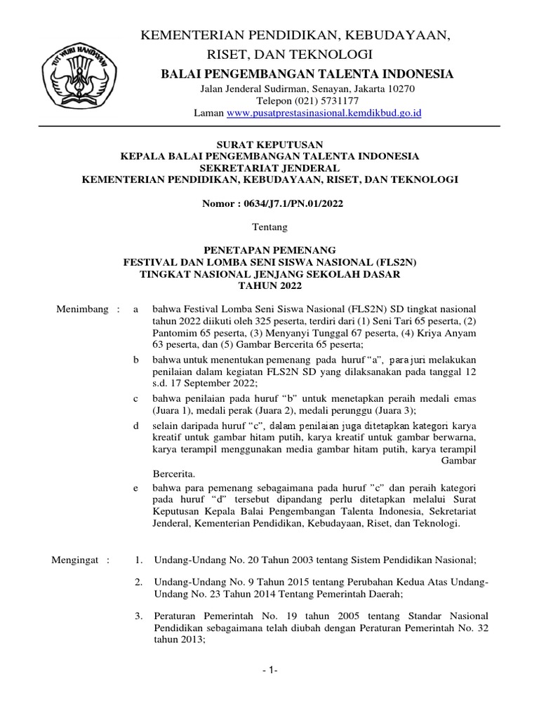 Draft SK Pemenang FLS2N SD Tingkat Nasional 2022 | PDF