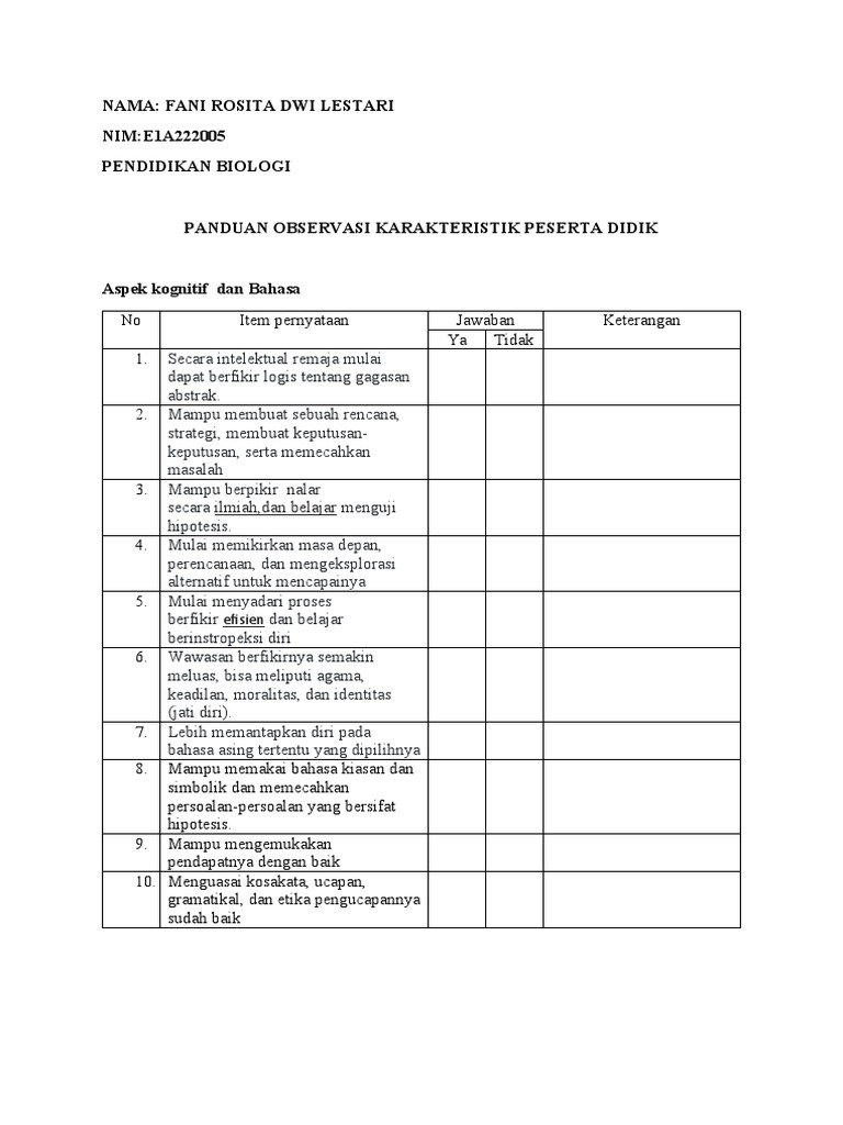Panduan Observasi Karakteristik Peserta Didik | PDF | Karier ...