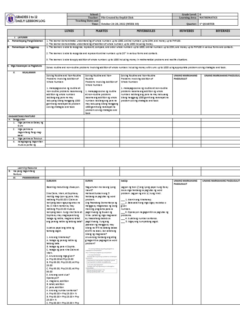 DLL Mathematics 2 q1 w10 | PDF | Psychological Concepts | Behavior Modification