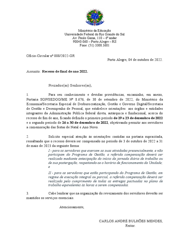 Ofício-Circular 008-2022-GR - Recesso de Final de Ano 2022 | PDF