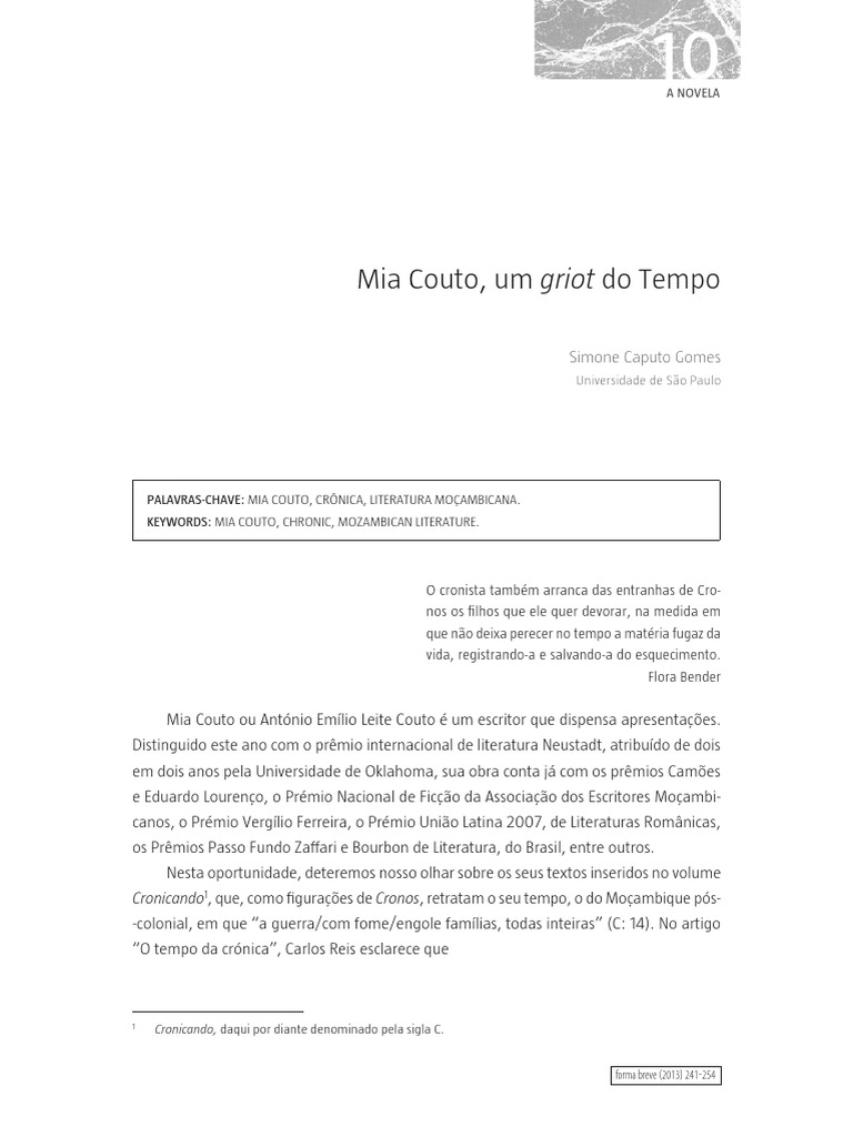 SIMONE CAPUTO Cronicando Mia Couto Um Griot Do Tempo | PDF | Prosa | Tempo
