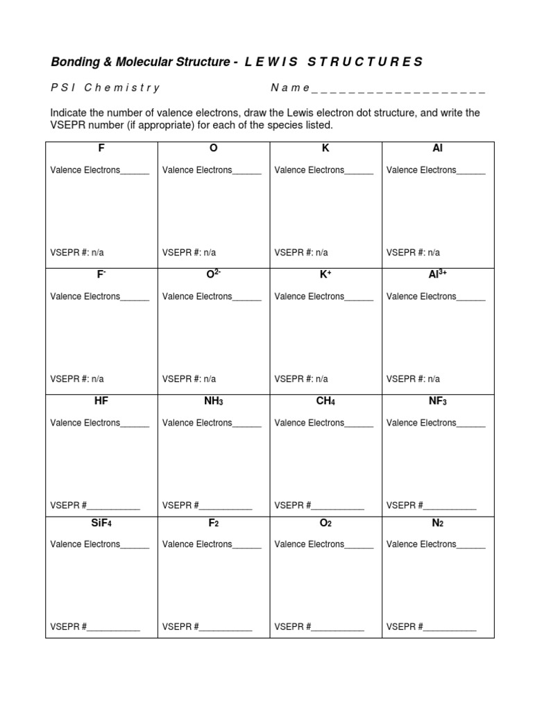 Lewis Dot Structure and Vsepr Geometry Practice 2012 02 16 | PDF