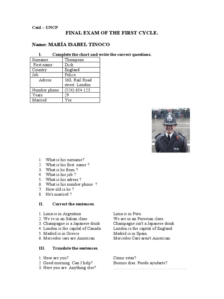 Final Exam of The First Cycle. Name: María Isabel Tinoco: Ceid - UNCP ...