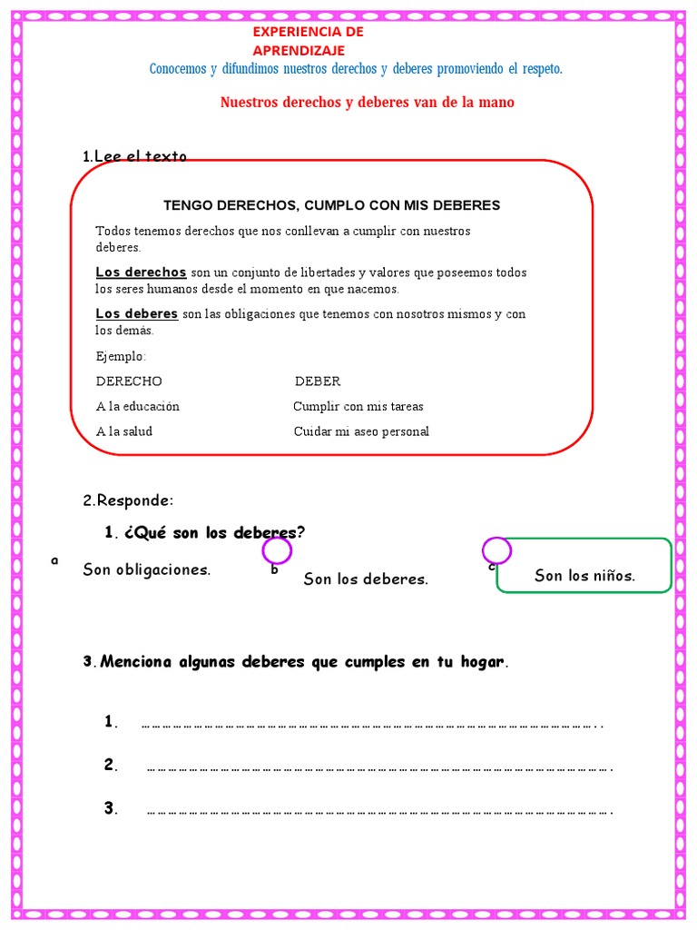 D1 A2 Ficha Nuestros Derechos y Deberes Van de La Mano | PDF