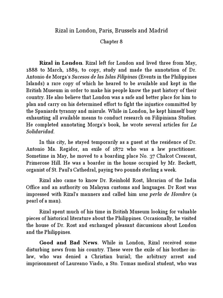 Chapter 8 - Rizal in London, Paris, Brussels and Madrid | PDF Chapter 8 - Rizal in London, Paris, Brussels and Madrid | PDF