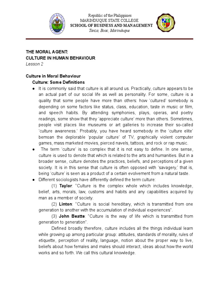 Lesson 2 - The Moral Agent - Culture in Human Behaviour | PDF | Relativism | Morality