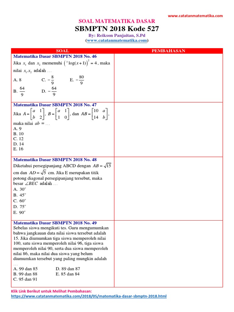 Soal Matematika Dasar SBMPTN 2018 Kode 527 | PDF