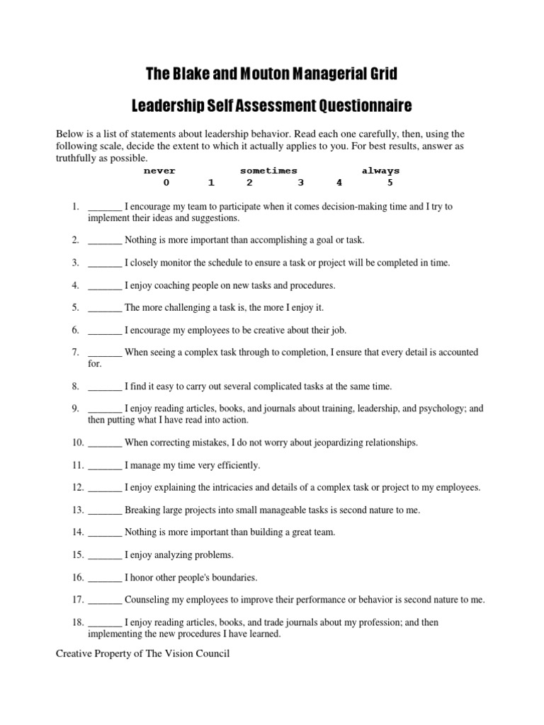 Leadership Self-Assessment Questionnaire | PDF | Survey Methodology ...