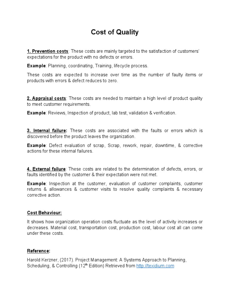 Project Planning Scope, and Quality - Cost of Quality | PDF
