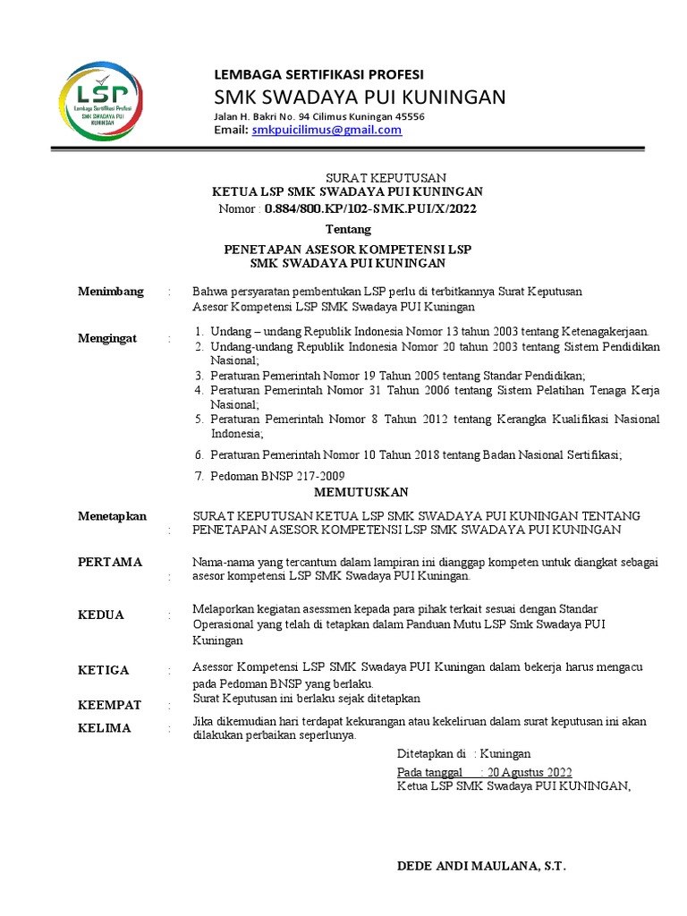 Surat Keputusan Asessor Kompetensi LSP | PDF