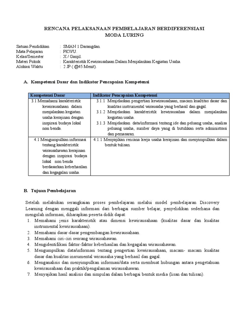 RPP Pembelajaran Berdiferensiasi Pkwu Aksi Nyata Modul 2.1 | PDF