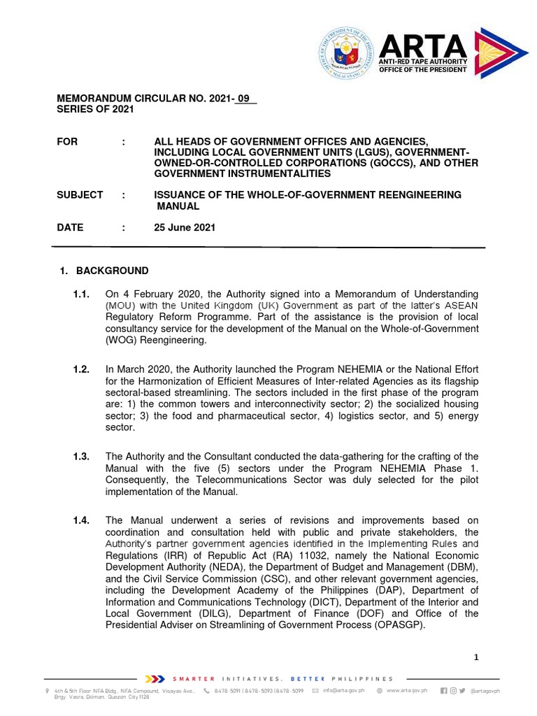 ARTA MC No. 2021-09 - Issuance of The Whole of Governemnt Reengineering ...