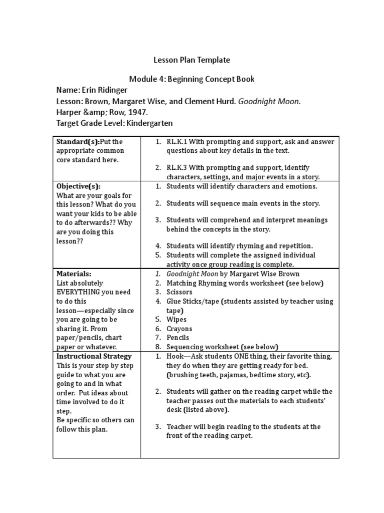 Kindergarten Lesson Plan: Goodnight Moon | PDF | Pedagogy | Education ...
