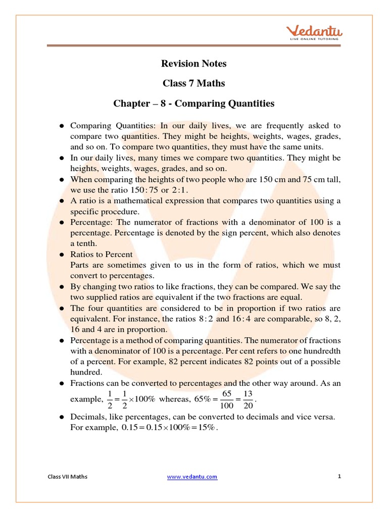 Class 7 Maths Chapter 8 Revision Notes | PDF | Percentage | Ratio