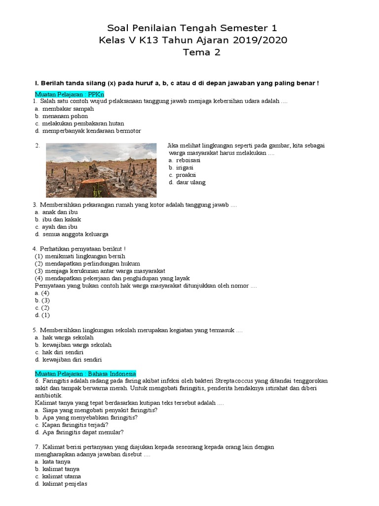 Soal PTS Tema 2 Kelas 5 Semester 1 K13 Tahun 2019-2020 | PDF | Sains & Matematika