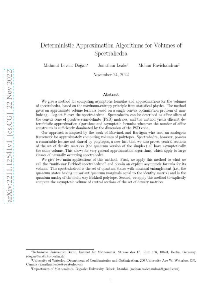 Deterministic Approximation Algorithms For Volumes Of Spectrahedra Pdf Matrix Mathematics