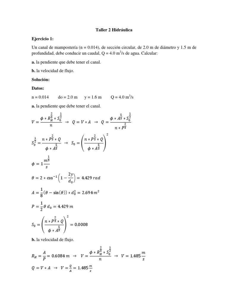 Taller 2 Hidráulica Solución Pdf