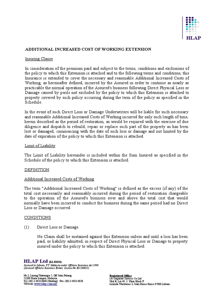 Additional Increased Cost of Working Extension | PDF | Insurance ...