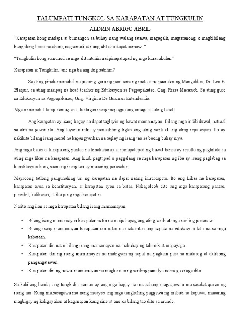 Talumpati Tungkol Sa Karapatan at Tungkulin | PDF