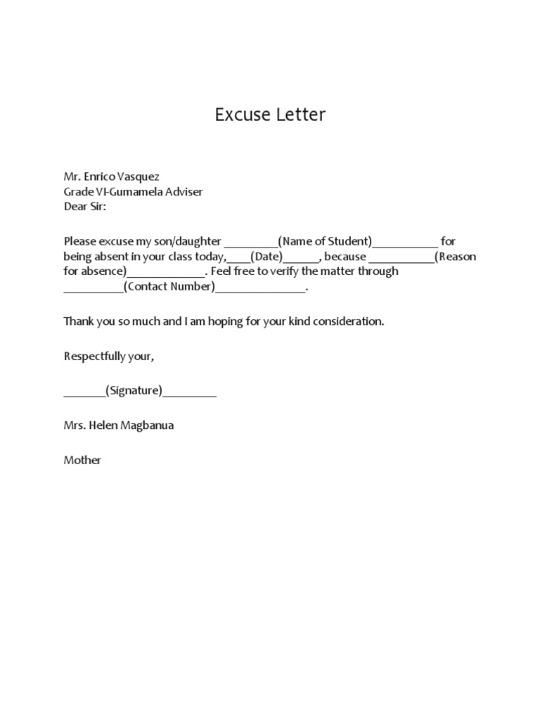 Sample Excuse Letter for School | PDF | Wellness