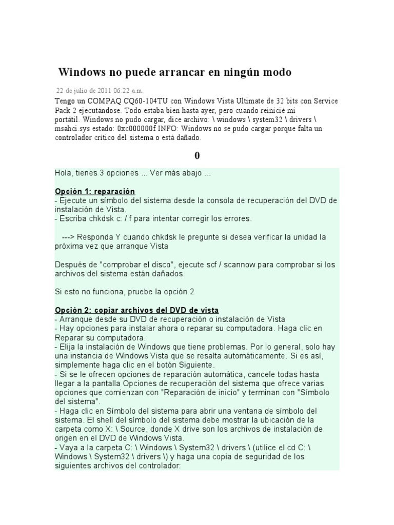 Windows No Puede Arrancar en Ningún Modo | PDF | Microsoft Windows ...