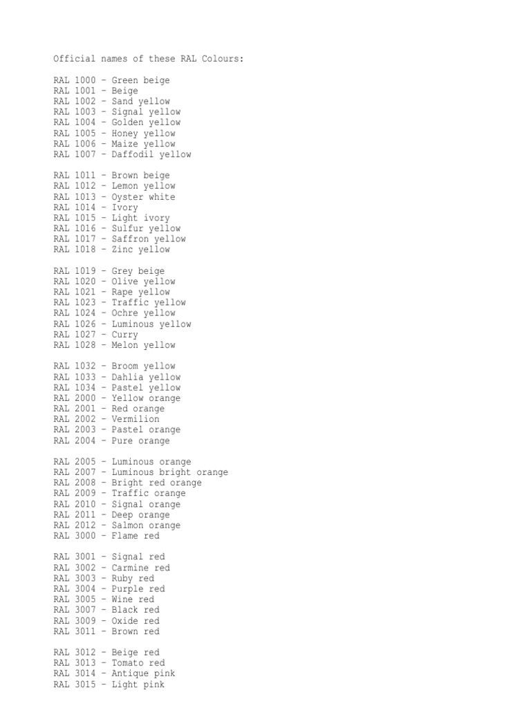 Official Names of RAL Colours | PDF | Blue | Yellow