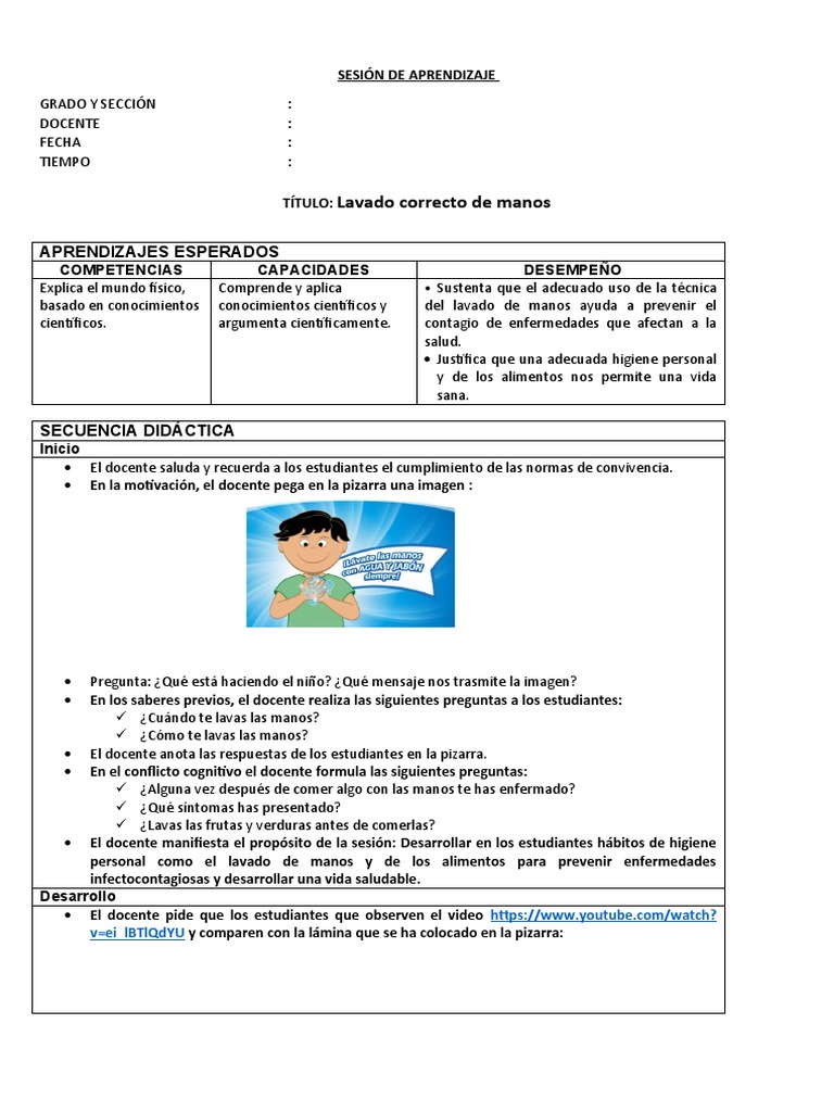 Sesion Lavado de Manos | PDF | Lavado de manos | Aprendizaje