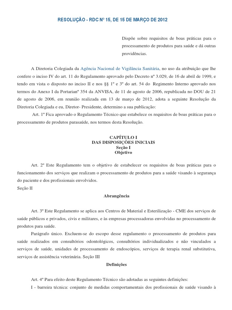 Resolução de Diretoria Colegiada (RDC) Nº 15 de 2012 | PDF | Tecnologia ...