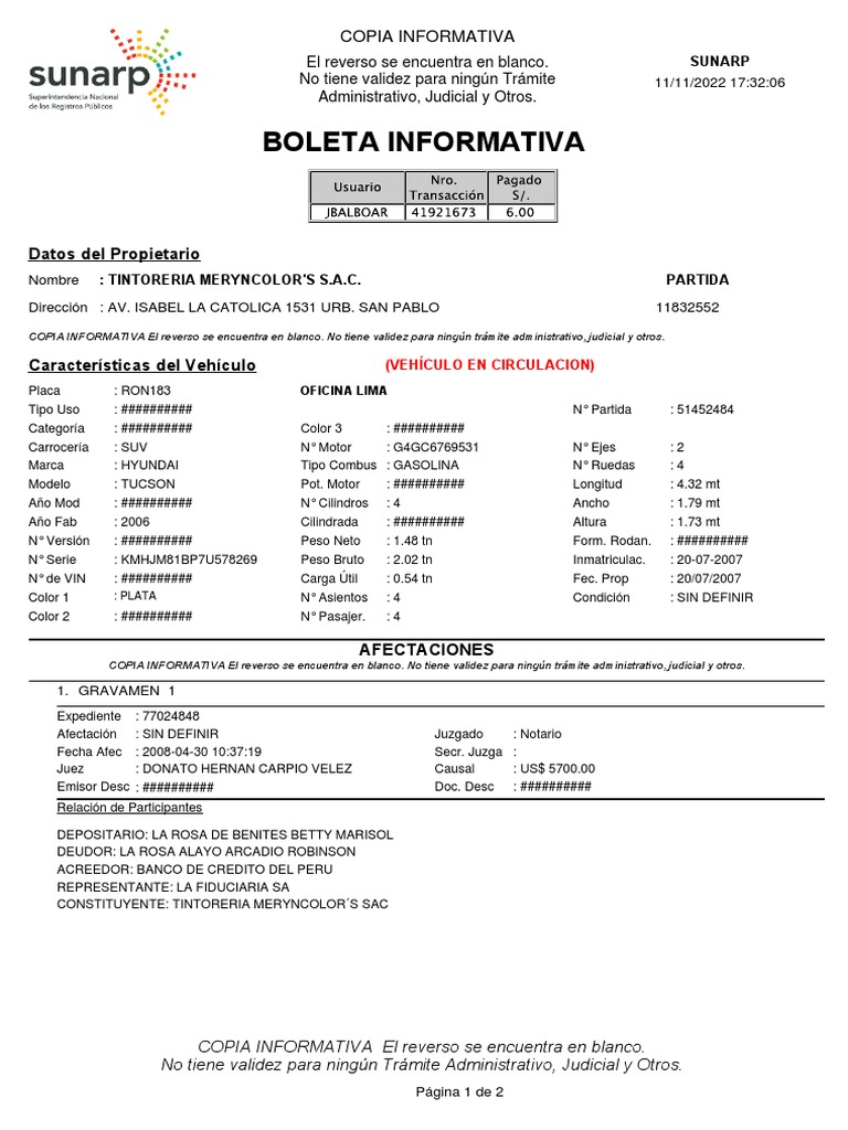 Boleta Informativa de Vehículo | PDF | Coche | Tecnología de vehículos