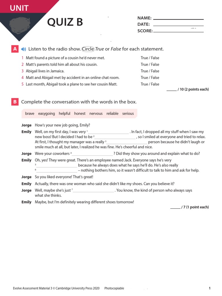 Evolve - L3 - Unit 1 Quiz - B | PDF Evolve - L3 - Unit 1 Quiz - B | PDF