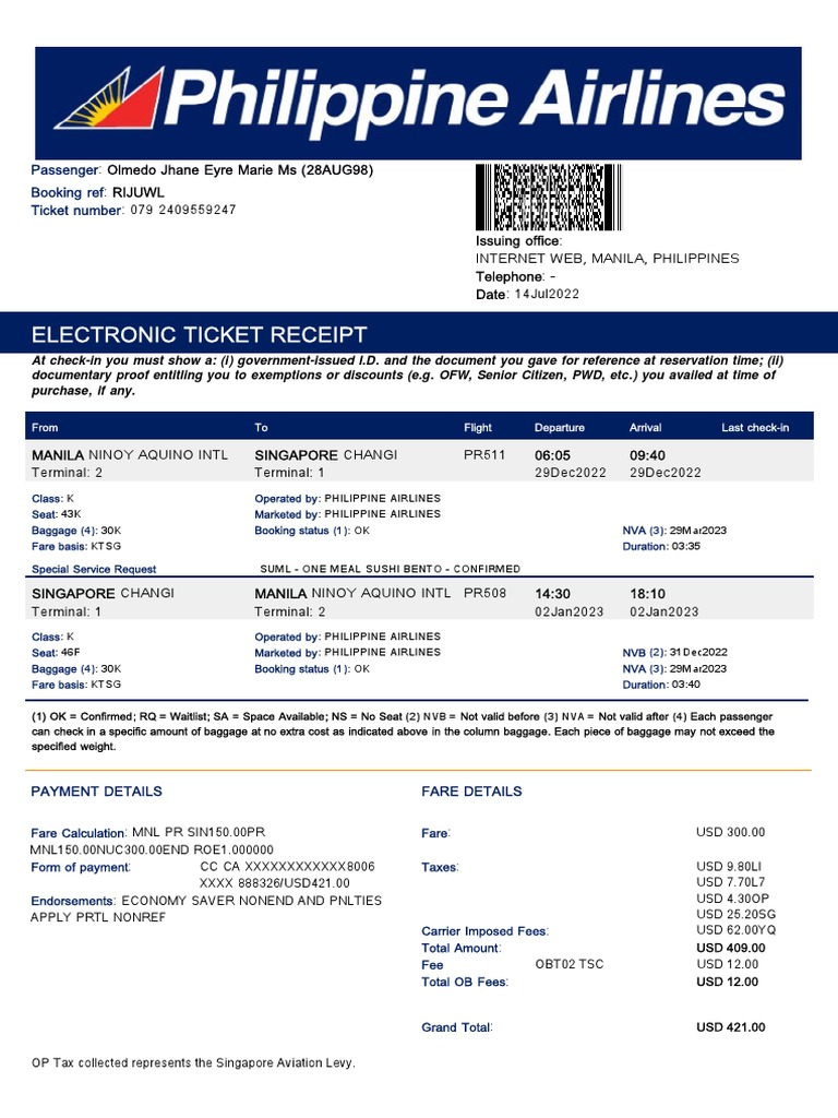 Philippine Airlines Electronic Ticket Receipt | PDF | Airlines