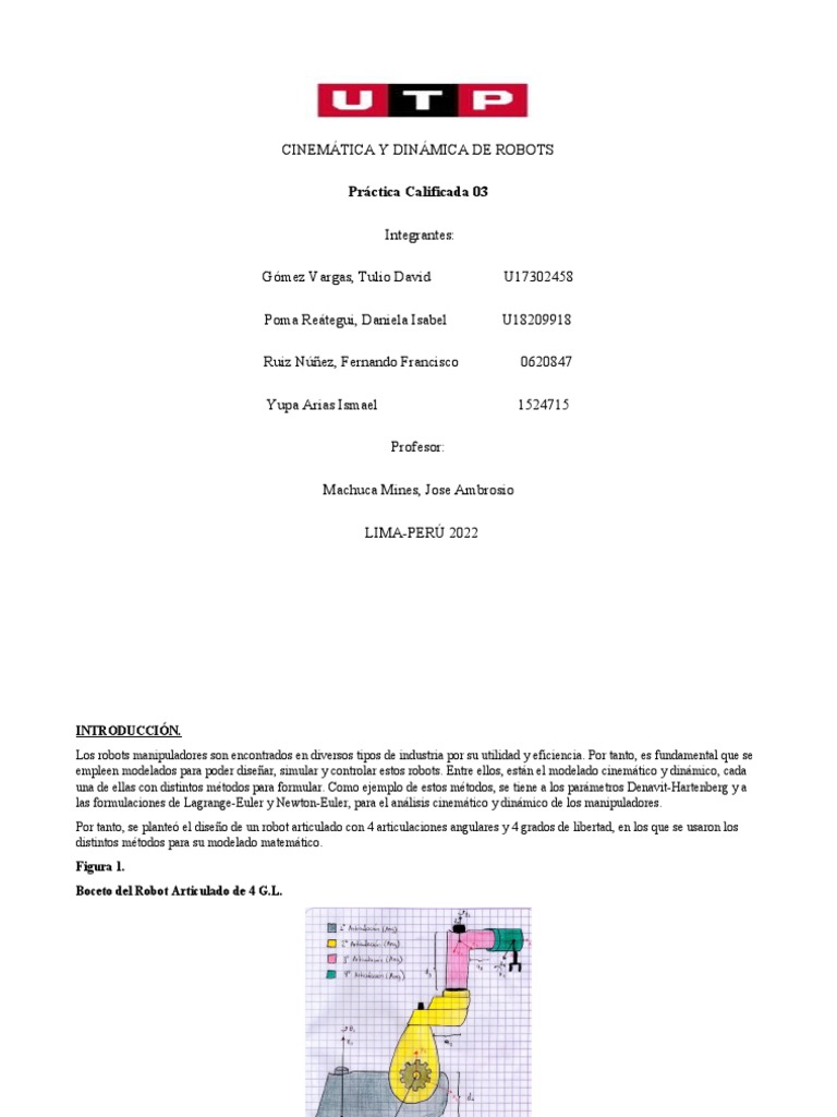 Práctica Calificada 03 Cinemática y Dinámica de Robots | PDF | Matriz (Matemáticas) | Robot
