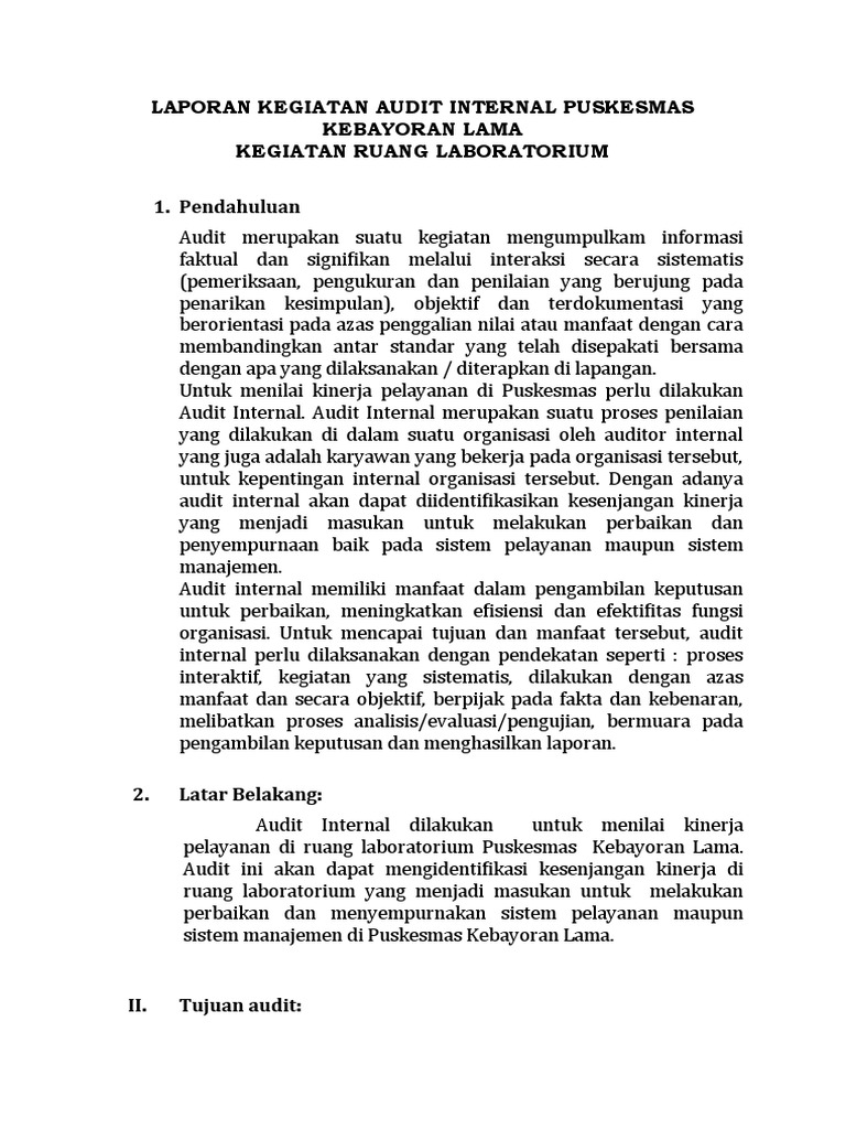 Laporan Kegiatan Audit Internal Laboratorium Puskesmas Kebayoran Lama Pdf
