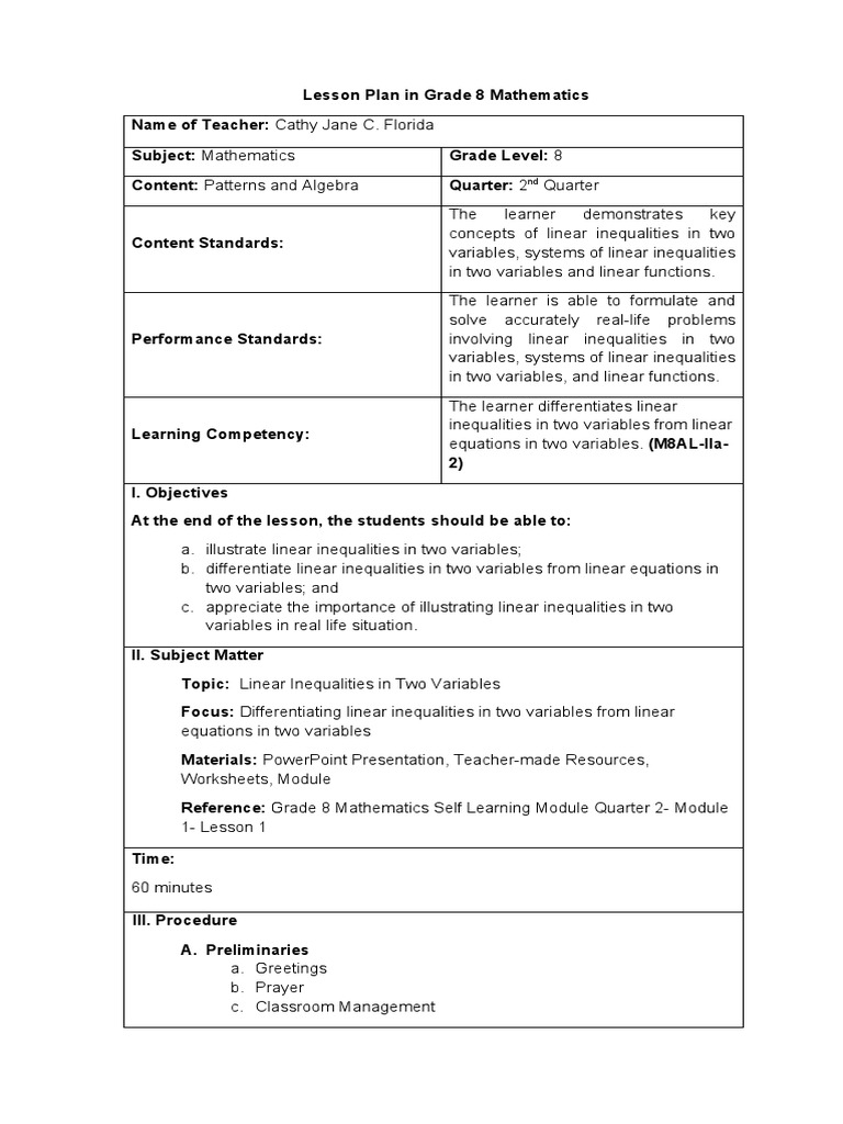 Lesson Plan in Differentiating Linear Inequalities in Two Variables ...
