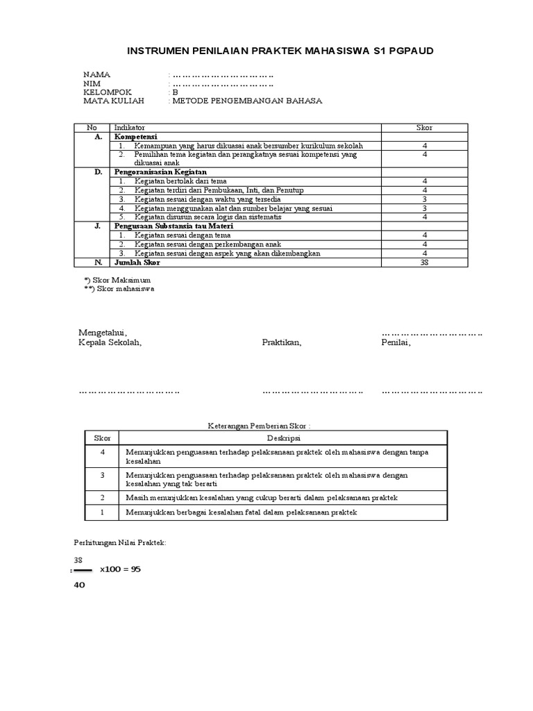 Instrumen Penilaian Praktek Mahasiswa S1 Pgpaud | PDF