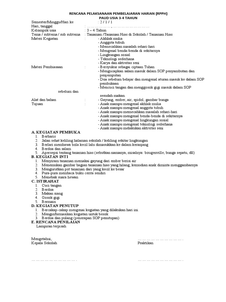 RPPH Paud Usia 3-4 Tahun | PDF | Kesehatan Holistik