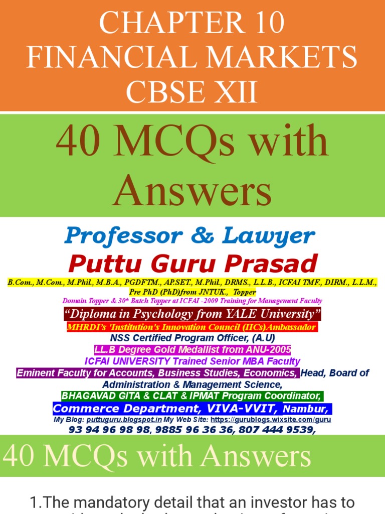 Answers To Mcqs CH 10, CHAPTER 10 FINANCIAL MARKETS CBSE XII | PDF | Repurchase Agreement | Stocks