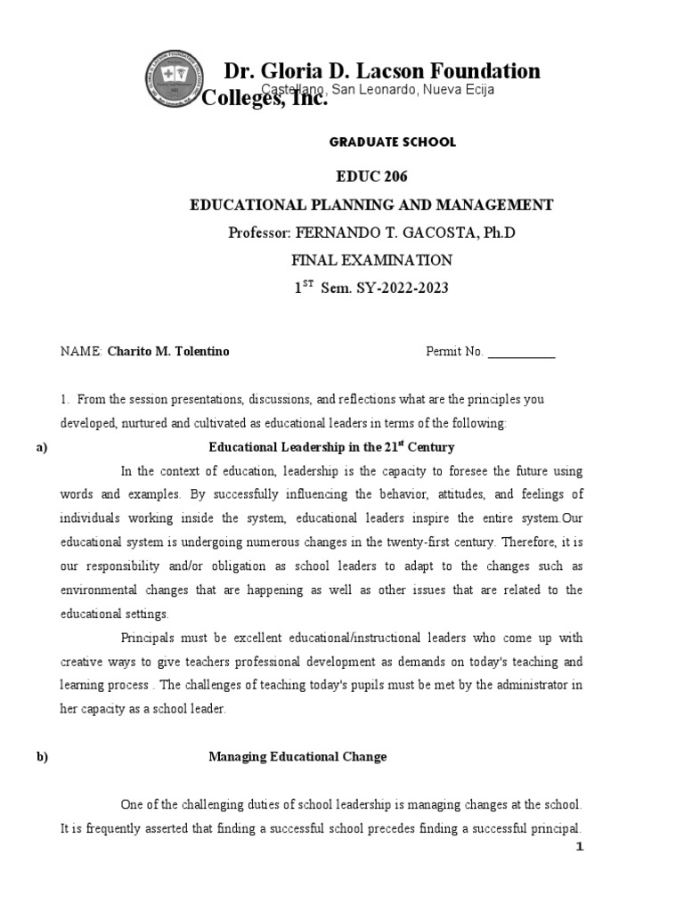 Educ 206 Charito Tolentino Final Exam 1S 202220231 | PDF | Teachers ...