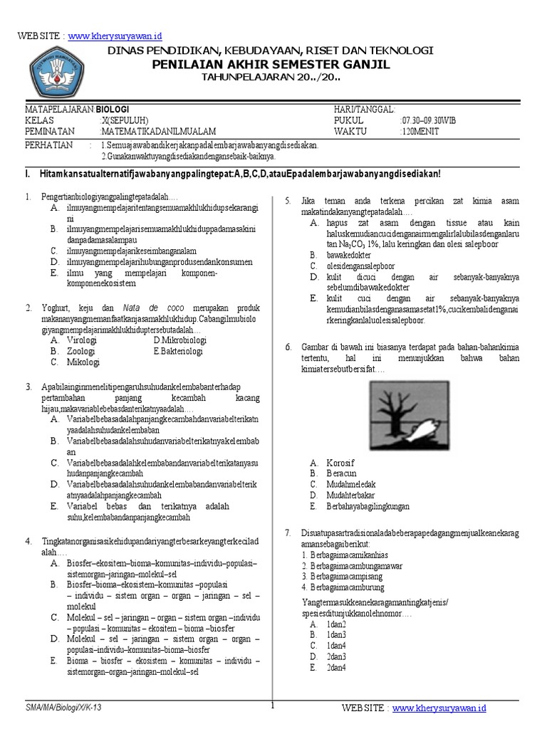 SOAL & JAWABAN PAS BIOLOGI KELAS X K13 - WEBSITE WWW - Kherysuryawan.id | PDF